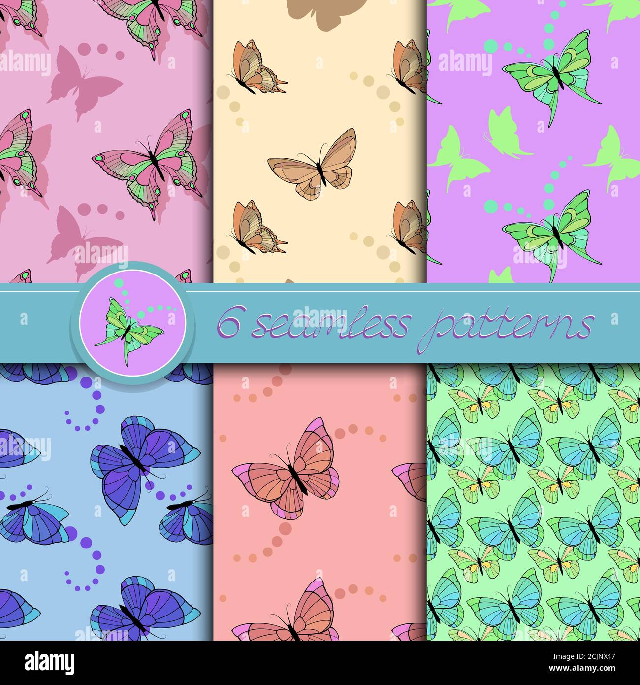 Vector set of seamless patterns with butterflies. Collection of ...