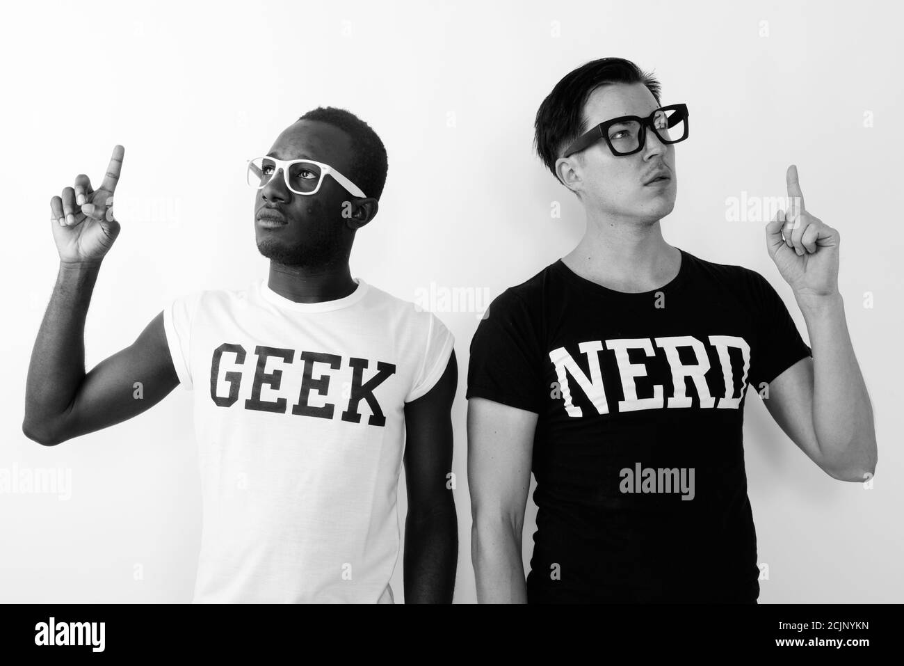 Young African Geek man with European Nerd man thinking and having great ...