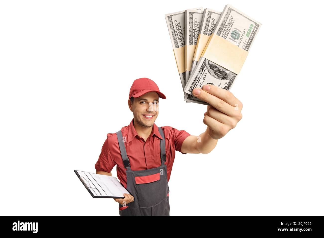 Male courier holding a clipboard and stacks of money isolated on white ...
