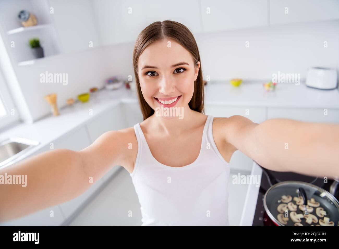 Close up photo of positive cheerful girl eco veggie organic calories ...