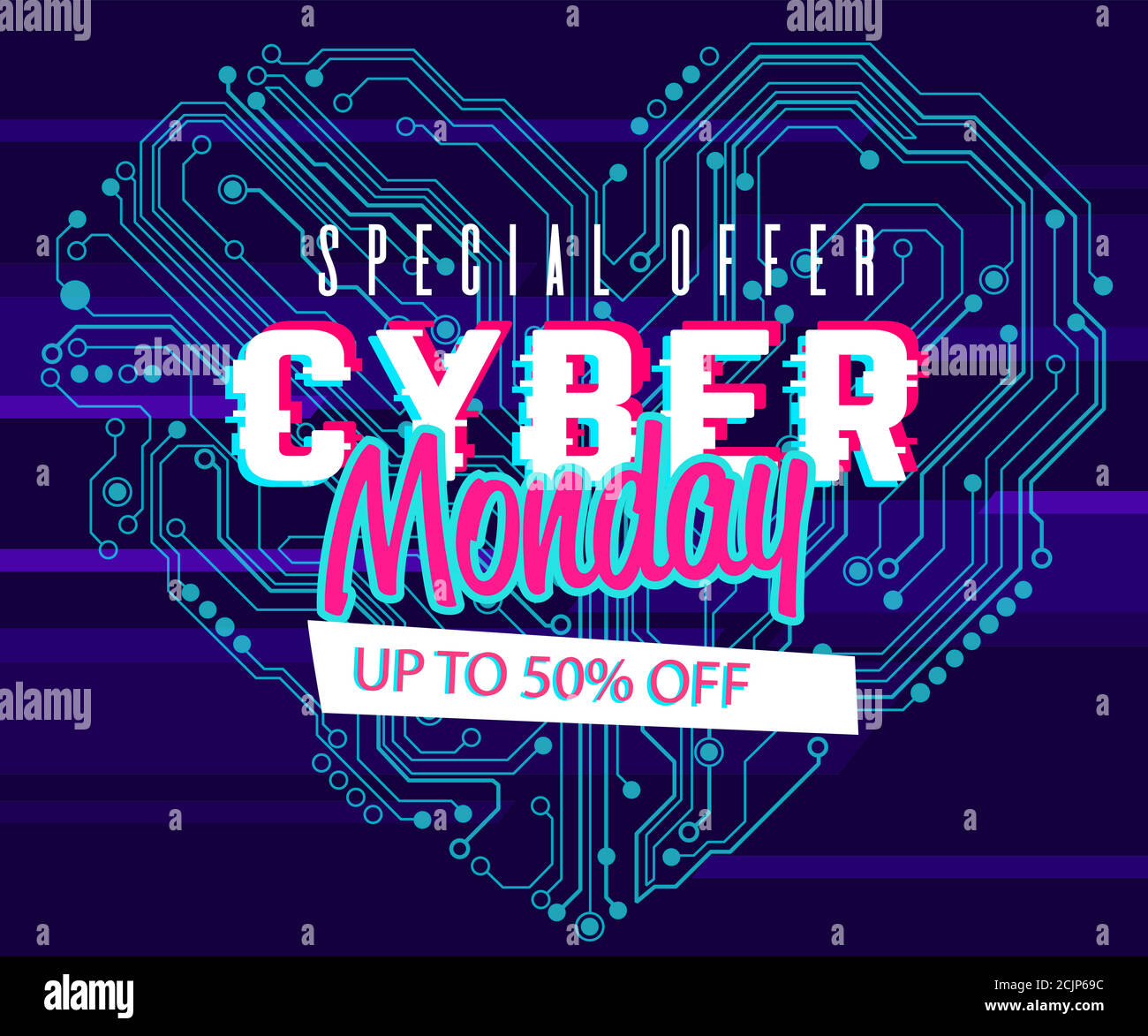 Cyber Monday background with glitch effect. Promo sale horizontal banner design. Abstract vector ...