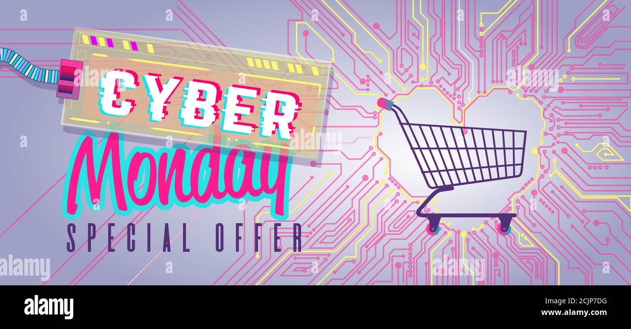 Cyber Monday background with glitch effect. Promo sale horizontal banner design. Abstract vector ...