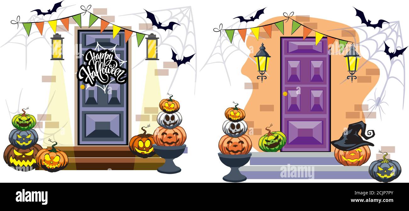 the door is decorated with Halloween pumpkins funny and creepy faces ...