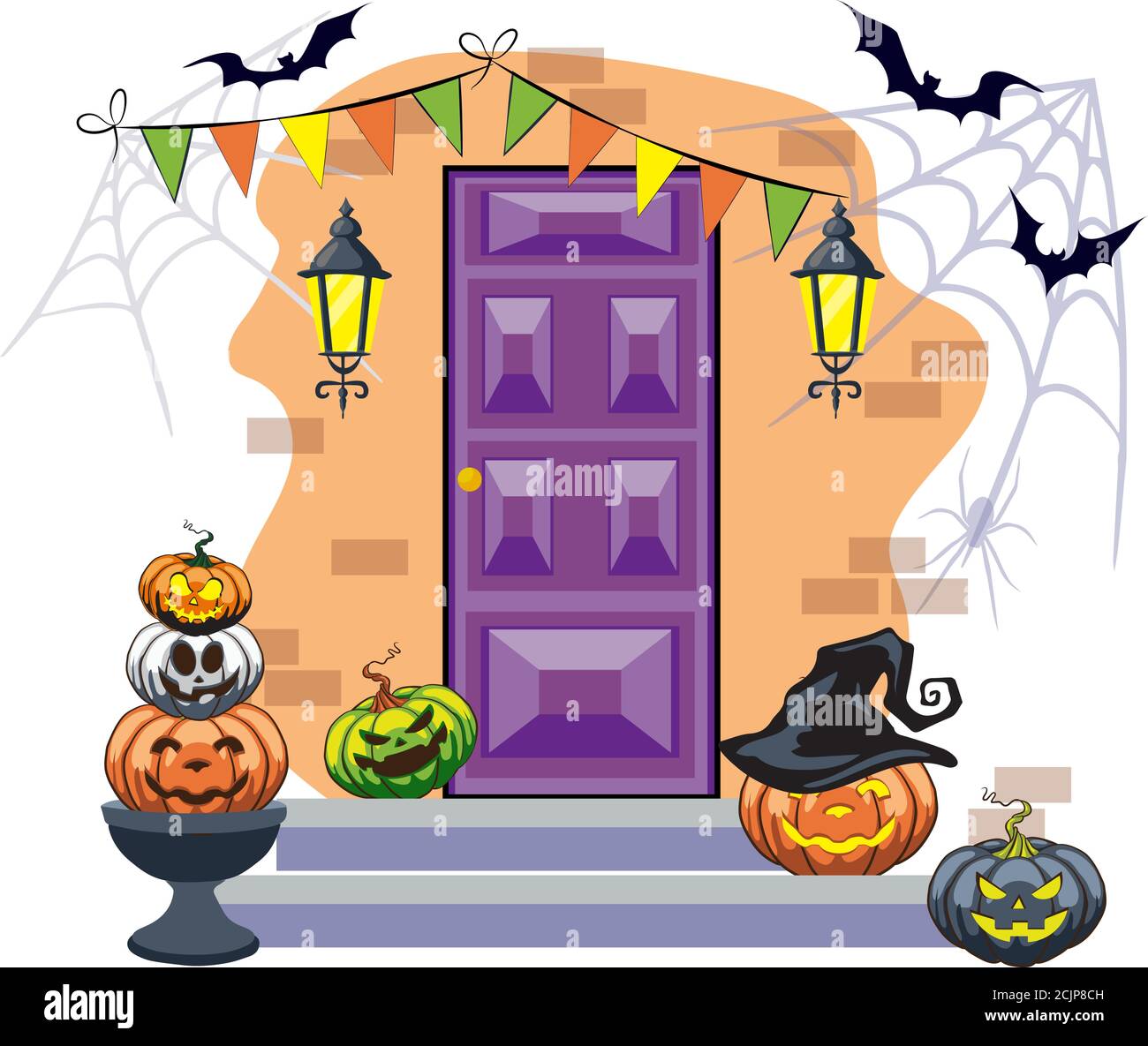 the door is decorated with Halloween pumpkins funny and creepy faces ...