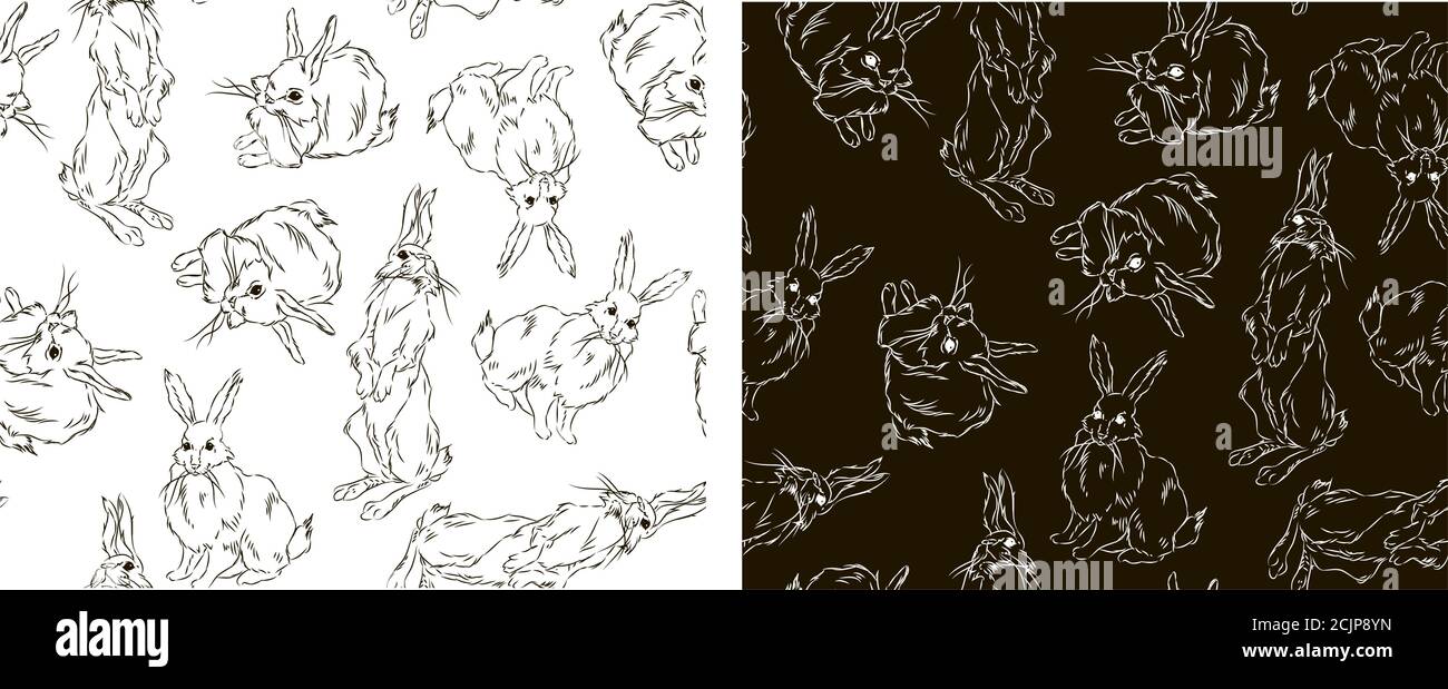 patterns with cute fluffy bunnies standing or sitting, llustration the ...