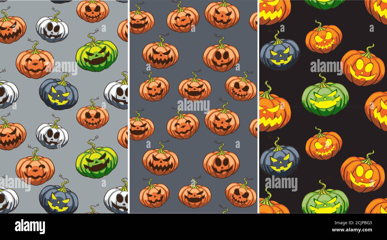 Halloween pumpkin with funny scary faces different shapes and colors ...