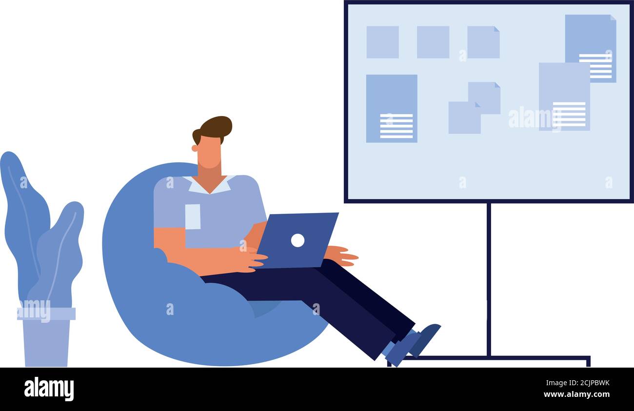 Businessman cartoon with laptop on puf with board design, business and ...