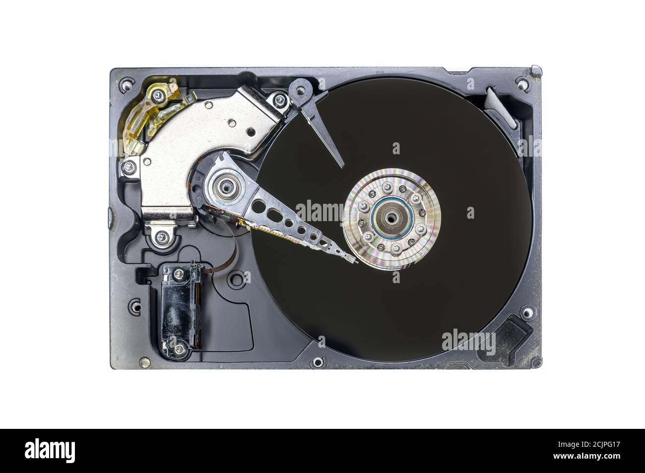 Old-fashioned, open, mechanical harddisc drive, isolated on a white ...