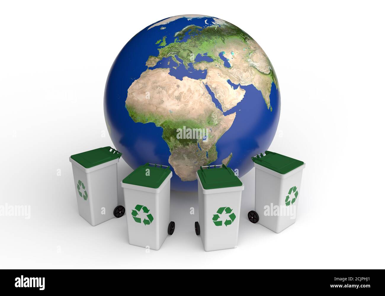 Waste recycling concept with the planet earth and garbage cans around ...