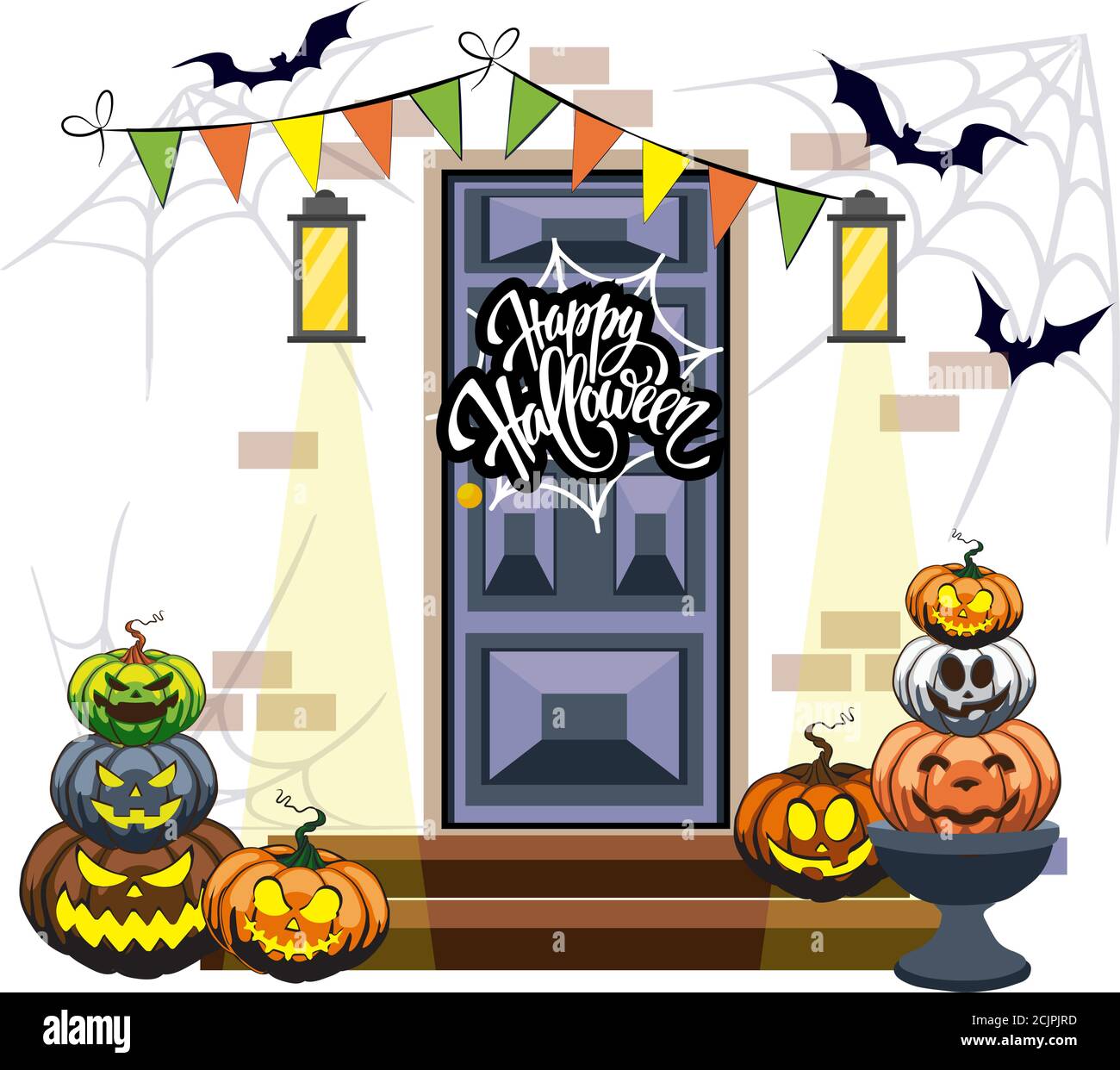 the door is decorated with Halloween pumpkins funny and creepy faces ...