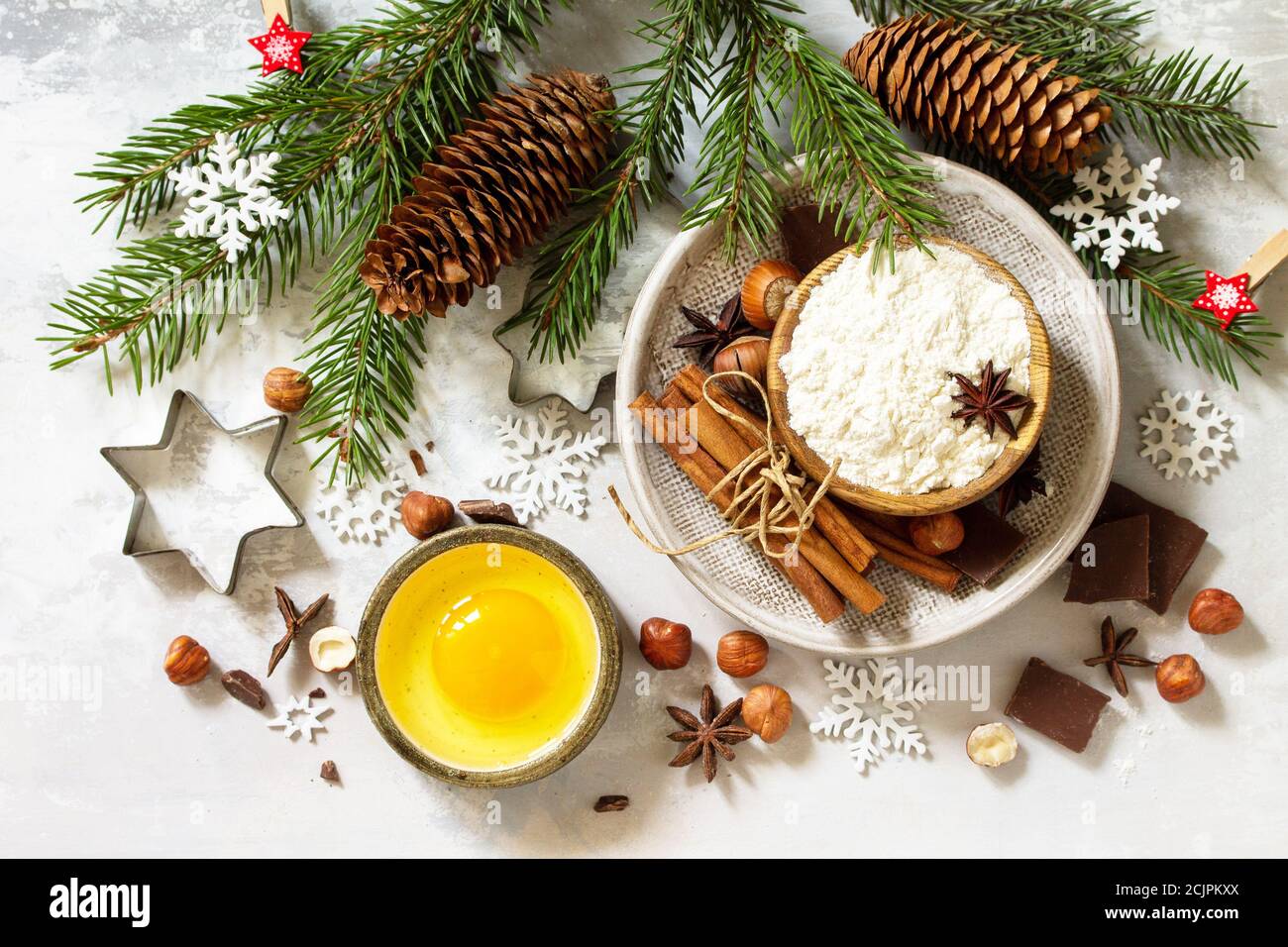 Seasonal baking winter background. Ingredients for Christmas baking ...