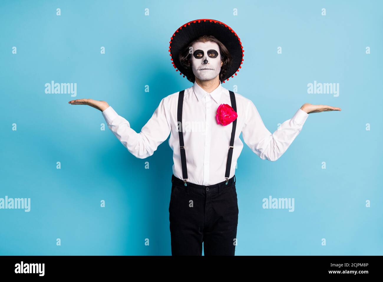 Photo of zombie role play guy death day facial print makeup hold open ...