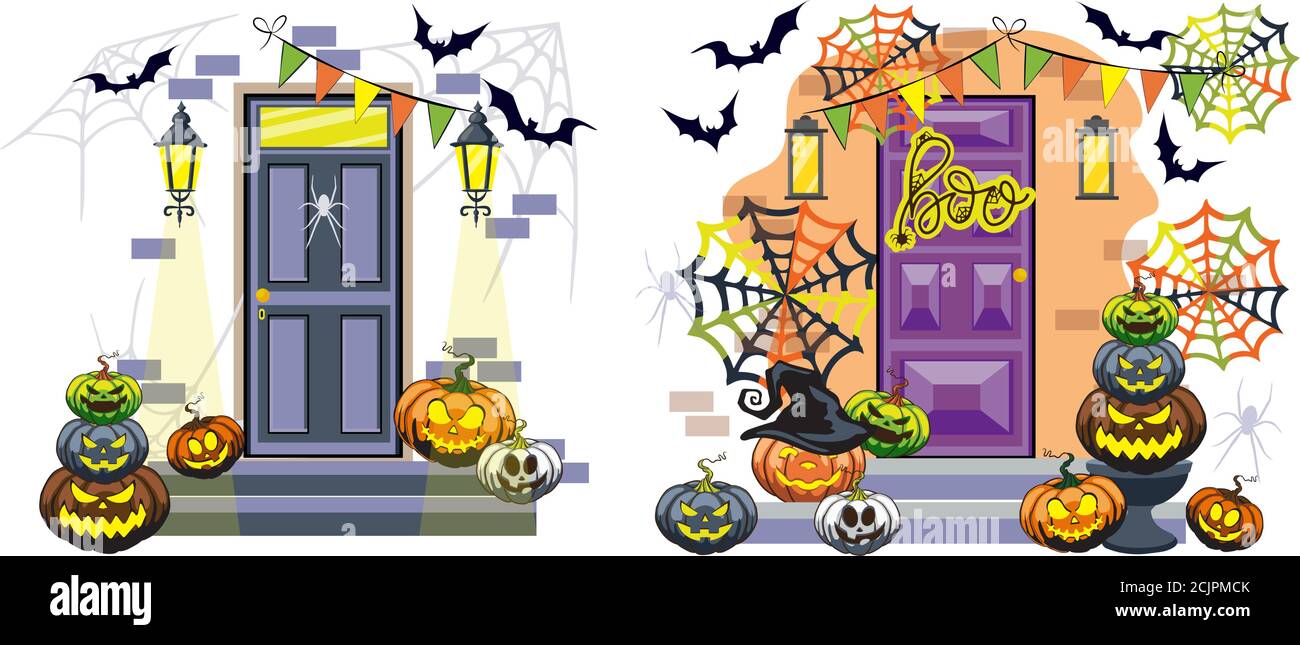the door is decorated with Halloween pumpkins funny and creepy faces ...