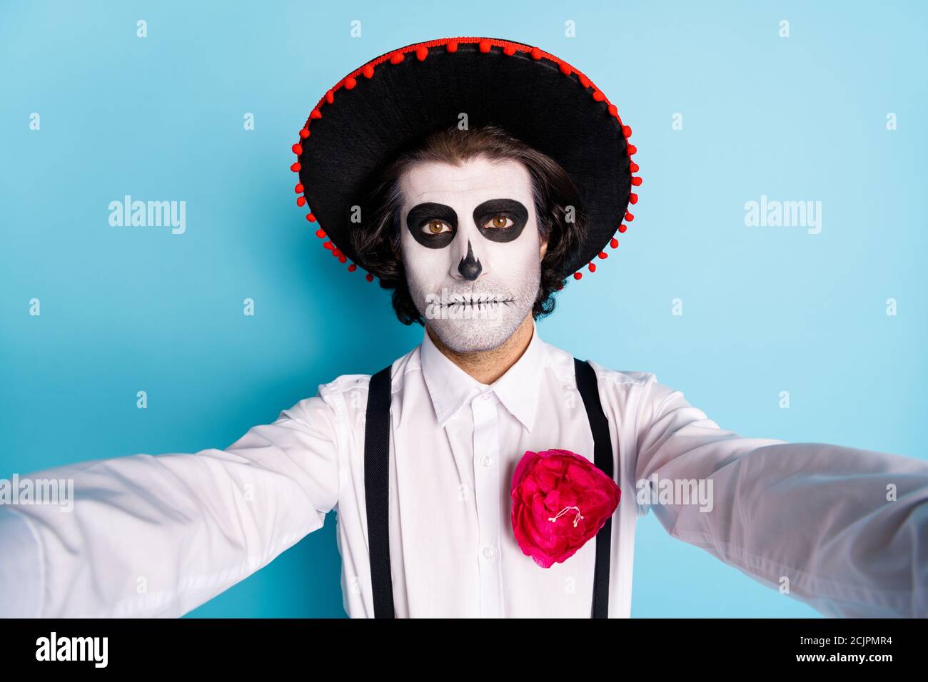 Self-portrait of his he nice handsome spooky guy gentleman wearing sombrero blogger blogging ...