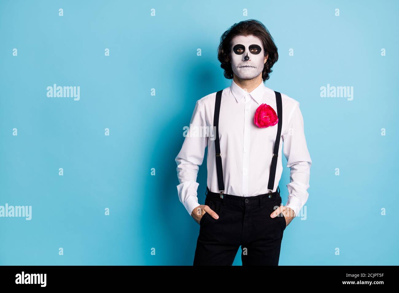 Portrait of his he handsome content creepy guy formal wear holding ...