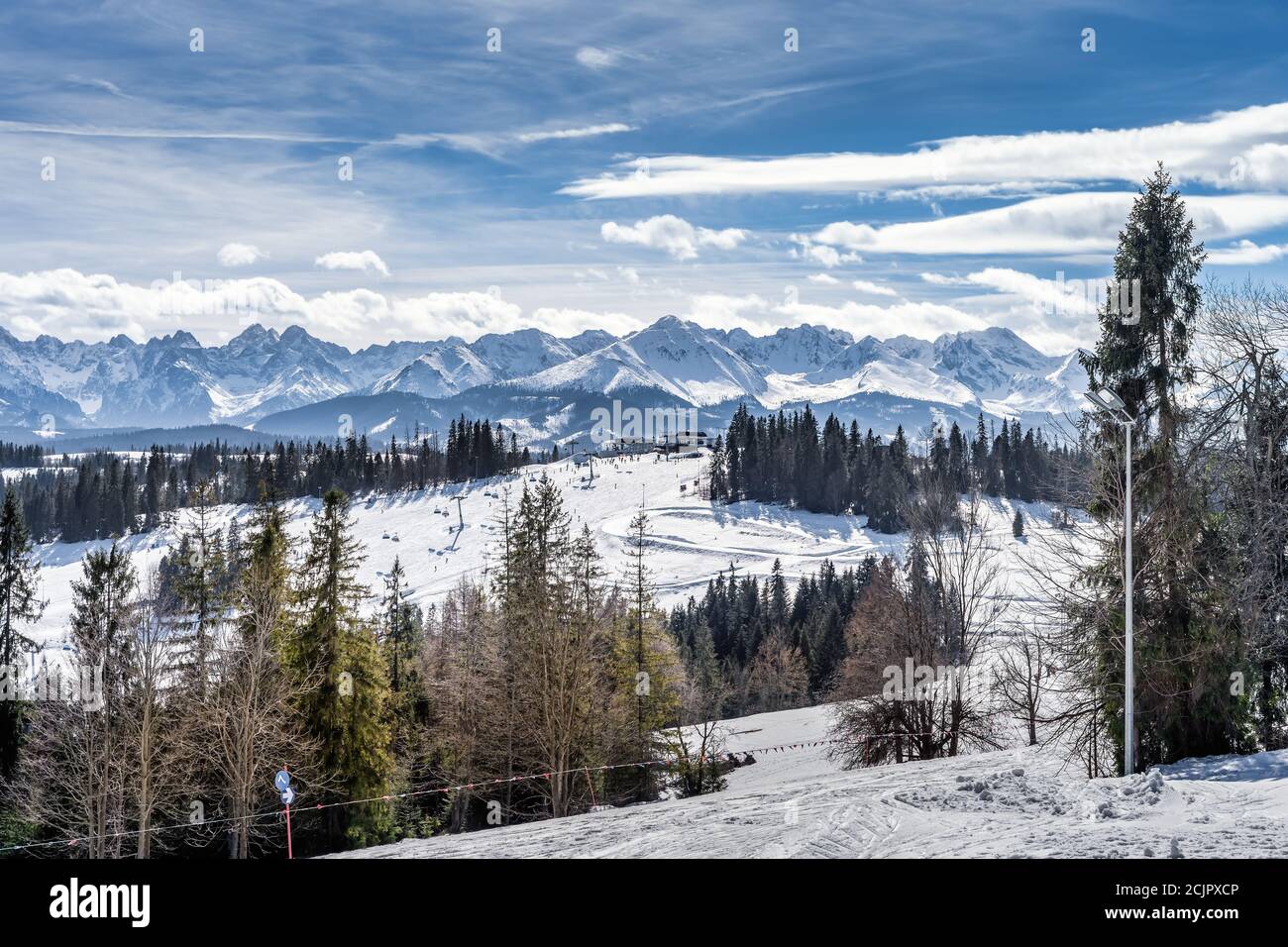 Panoramic view on snowy forest and Tatra Mountains in winter time. Ski ...