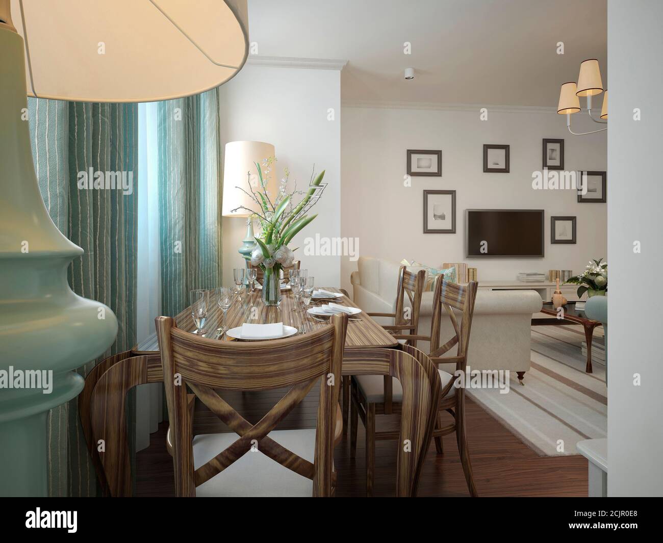 Living in the Romanesque style with wood, served with a dining table ...