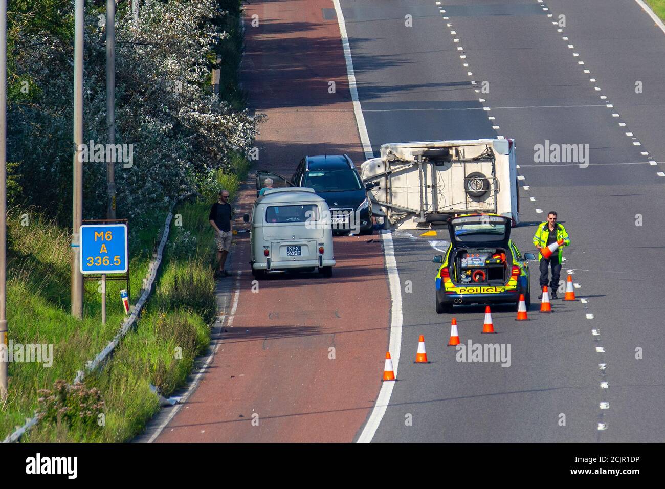 Chorley, Lancashire.UK. 15th September 2019. Overturned towed caravan ...