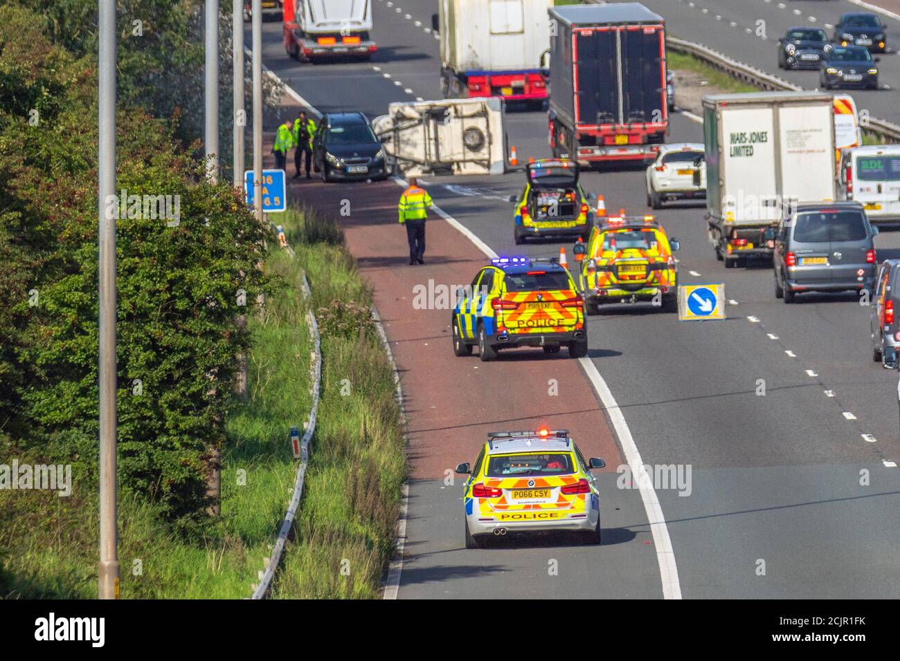 Chorley, Lancashire.UK. 15th September 2019. Overturned towed caravan ...