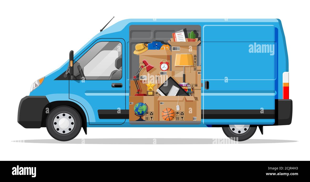 Delivery van with open door and home stuff inside. Moving to new house ...