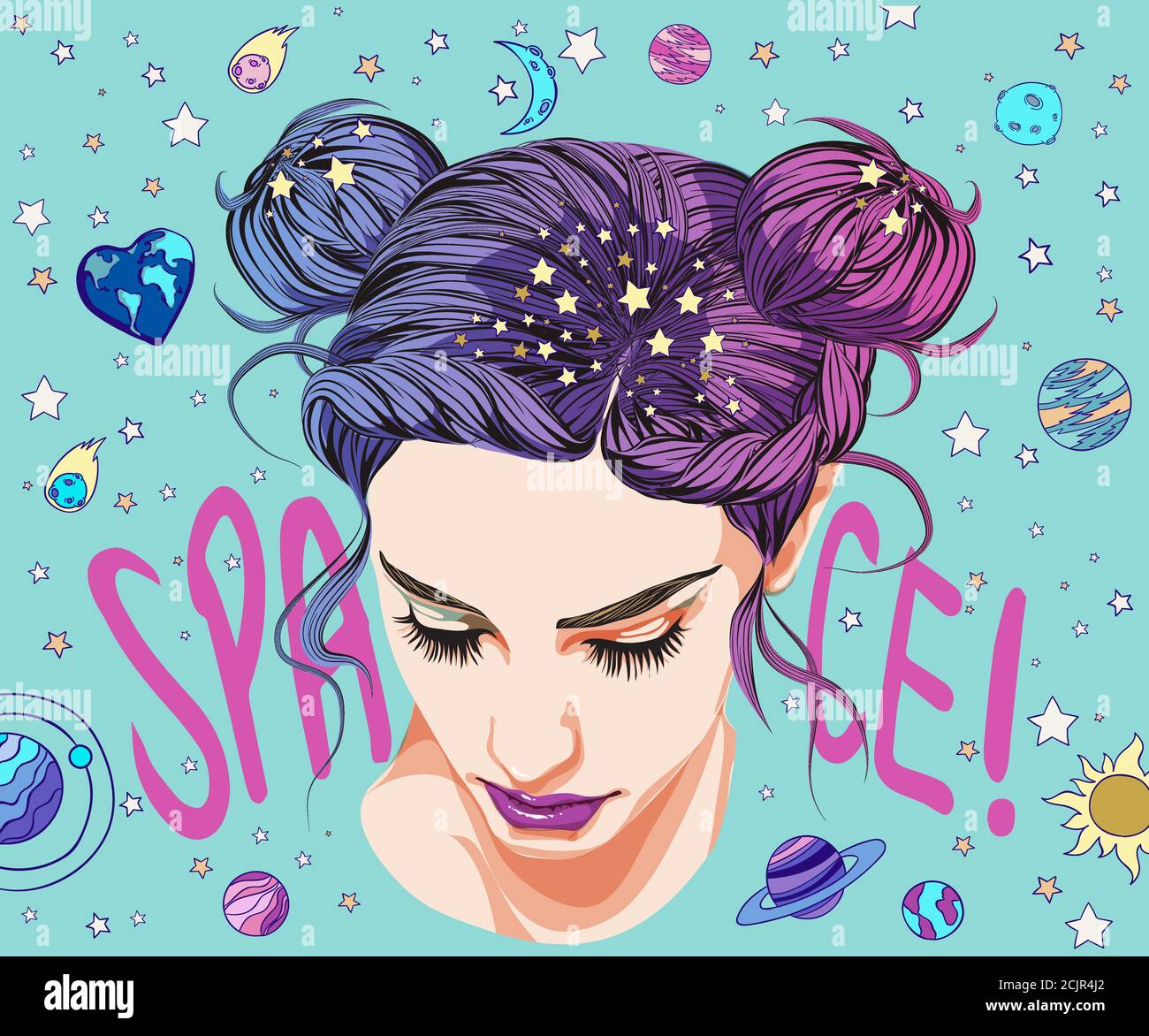 Cosmos enjoys the girl from the backand the planets above her head ...