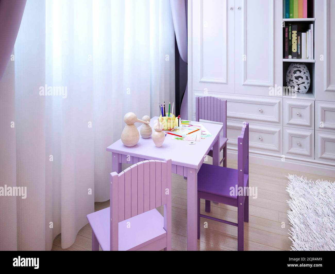 Children's table for games and activities in a purple and pink colors ...