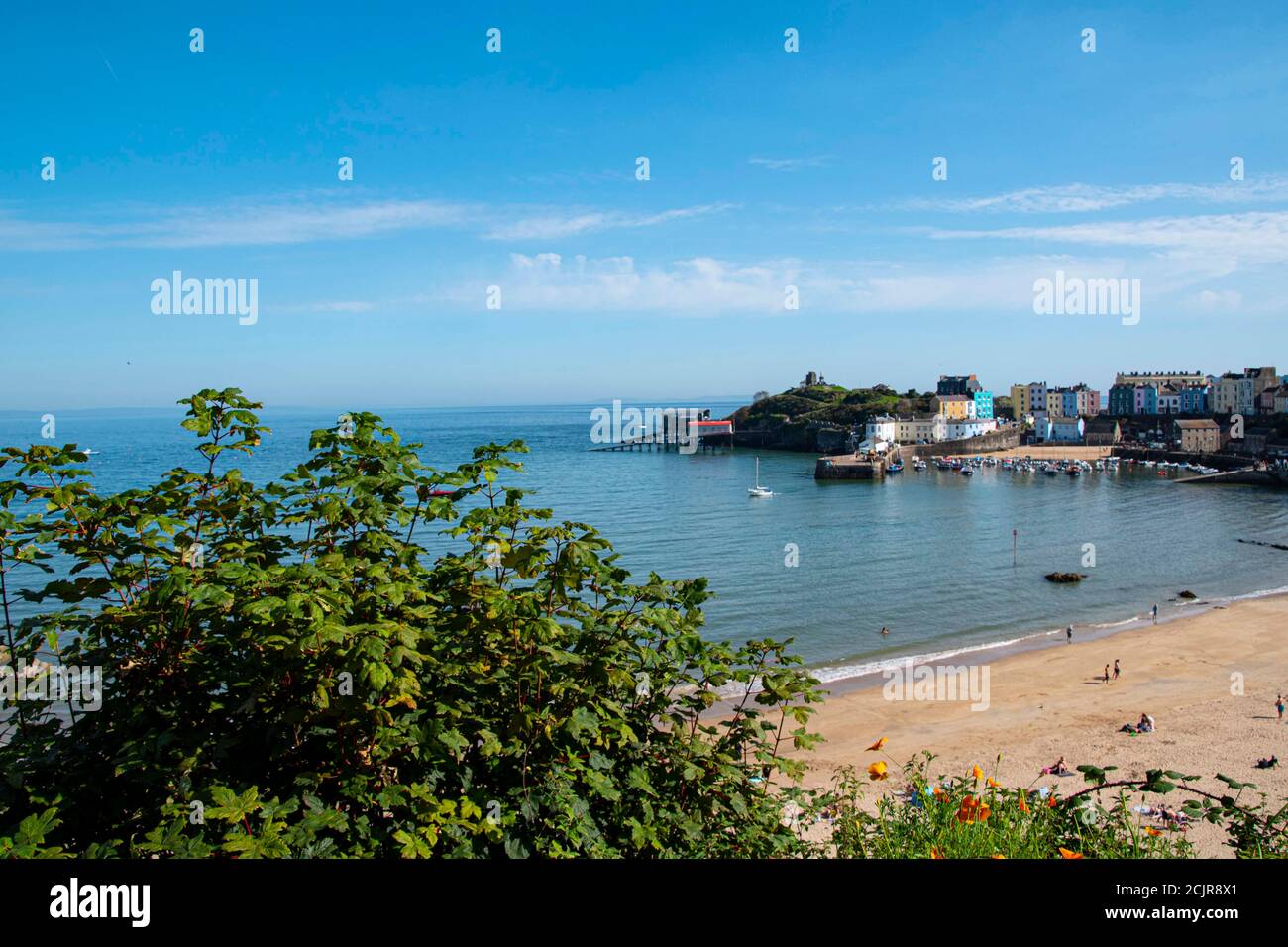 Tenby North beach sandy beach with the pinnacle of Goskar rock sticking ...