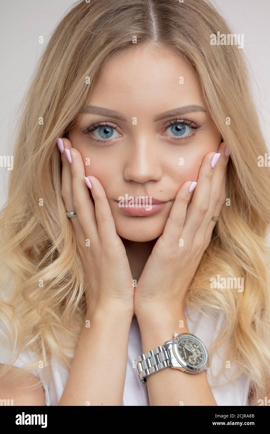 charming attractive model after plastic surgery. close up photo. soft ...