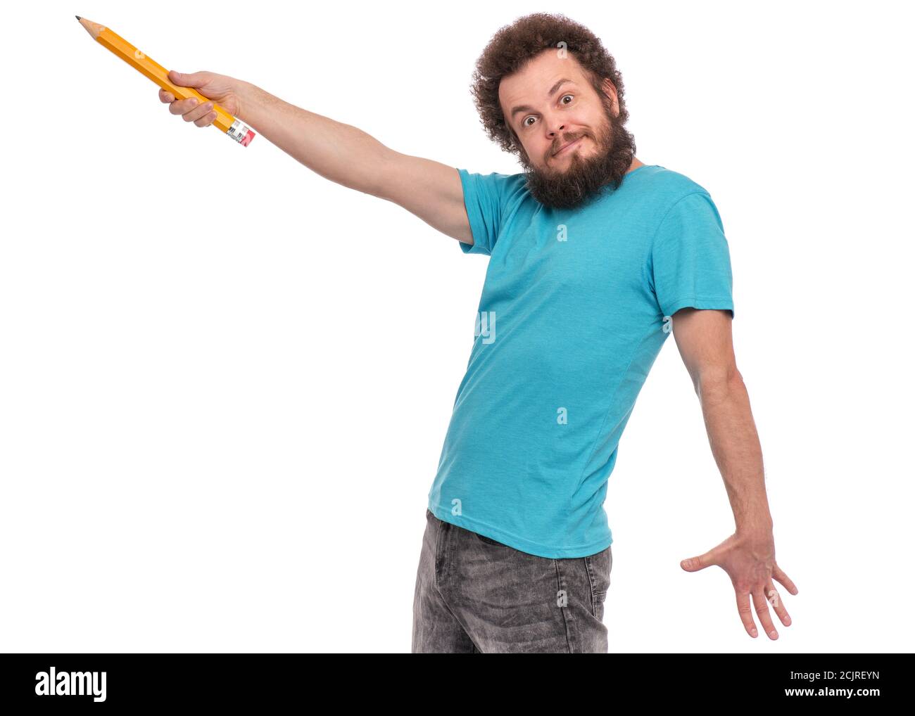 Crazy bearded man with big pencil Stock Photo - Alamy