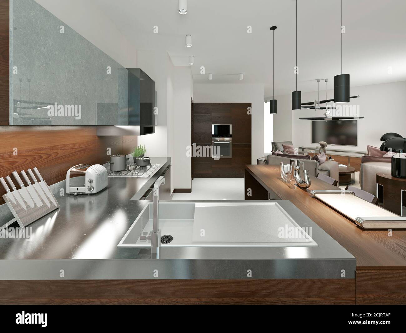 Contemporary kitchen with metal worktop. Furniture made of wood and ...