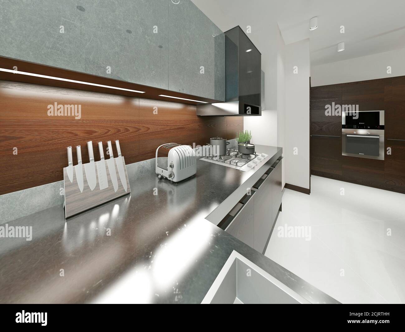 Modern kitchen with metal worktop. Furniture made of wood and metal ...
