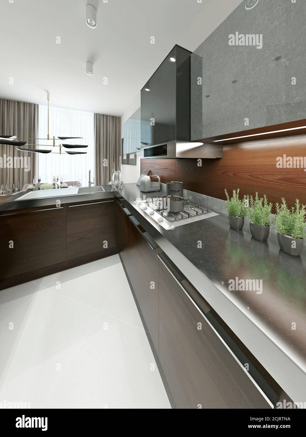 Modern kitchen with metal worktop. Furniture made of wood and metal ...