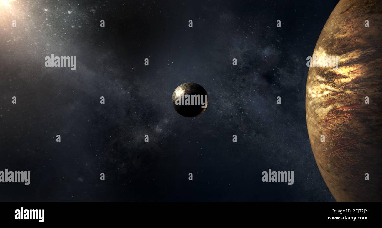 3D illustration of small size unknown planet passing next to Jupiter ...