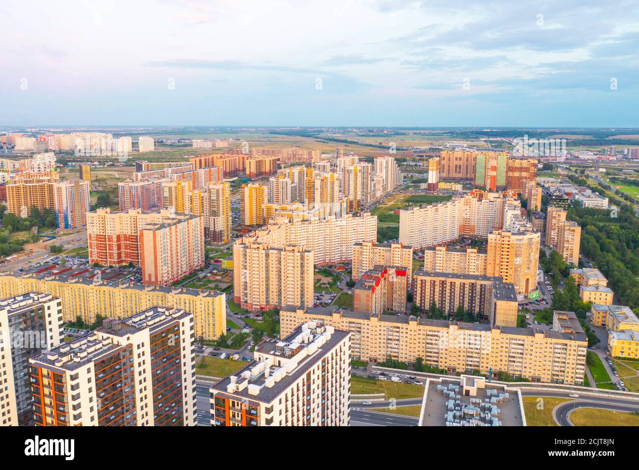 Aerial drone view o city skyline panorama, density living suburbia ...