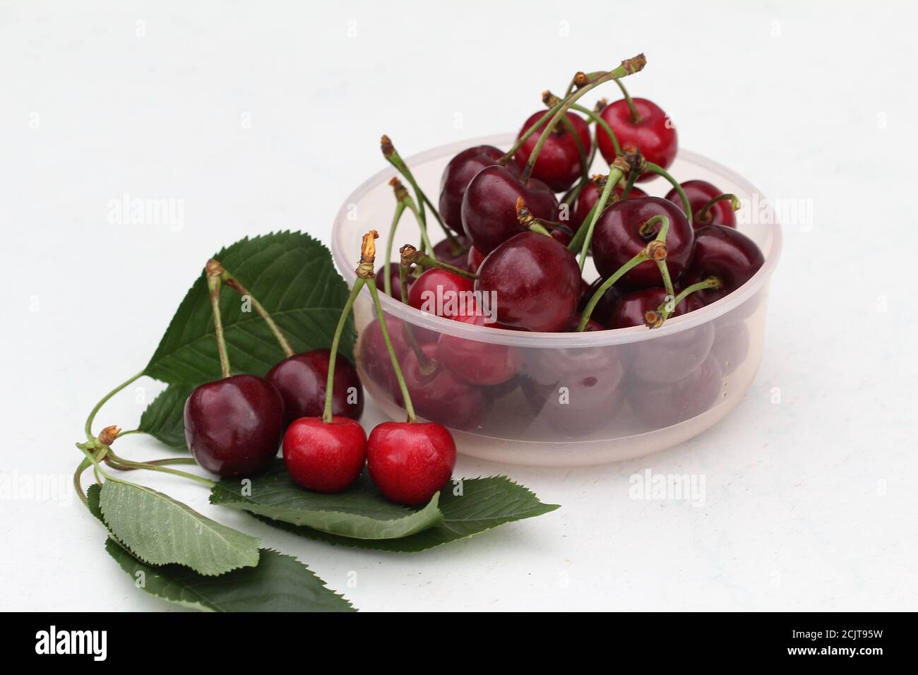 Closeup of cherries in a small plastic container isolated on a white ...