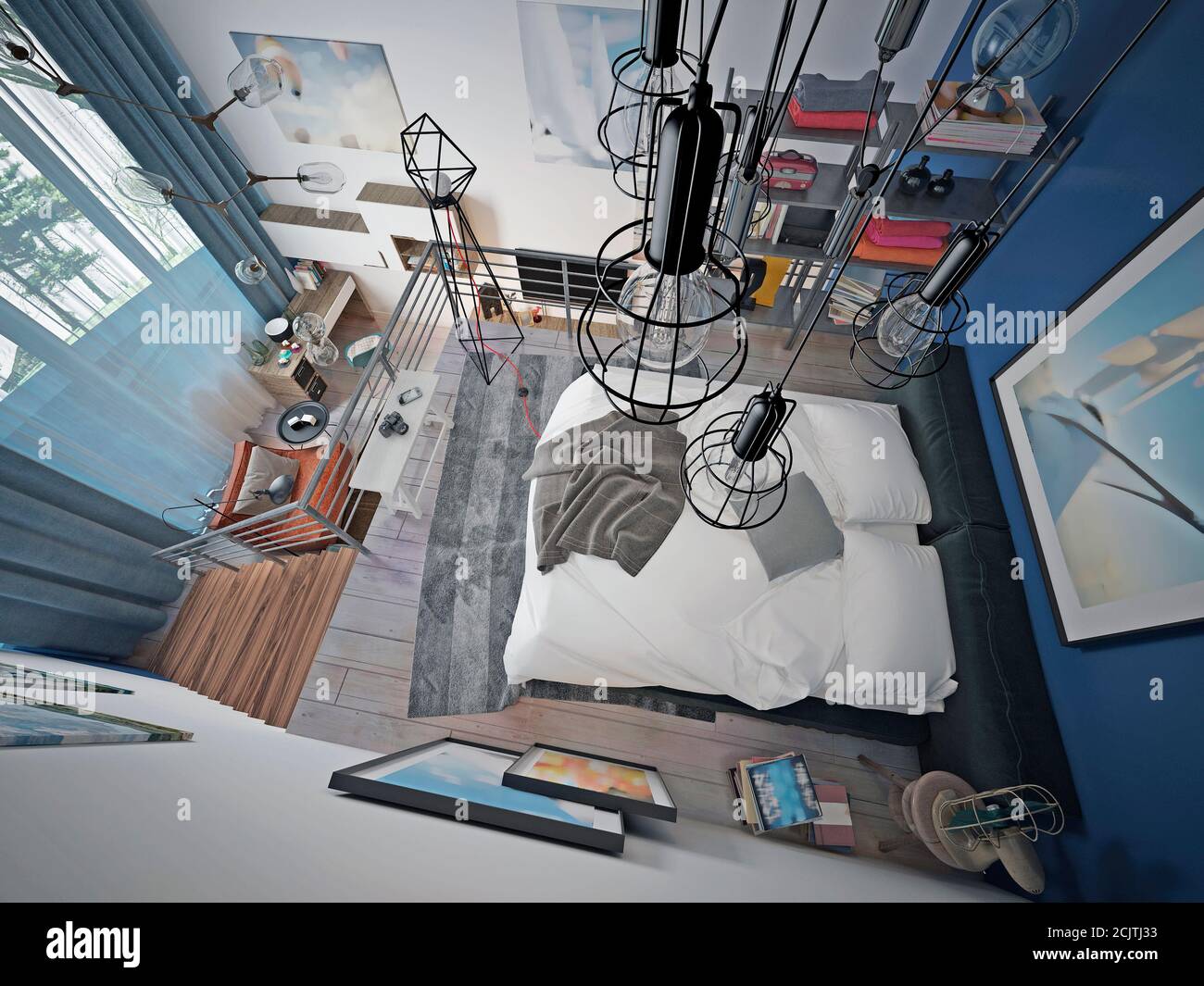 Loft is a teenage bedroom on the second level with a slovenly made bed ...