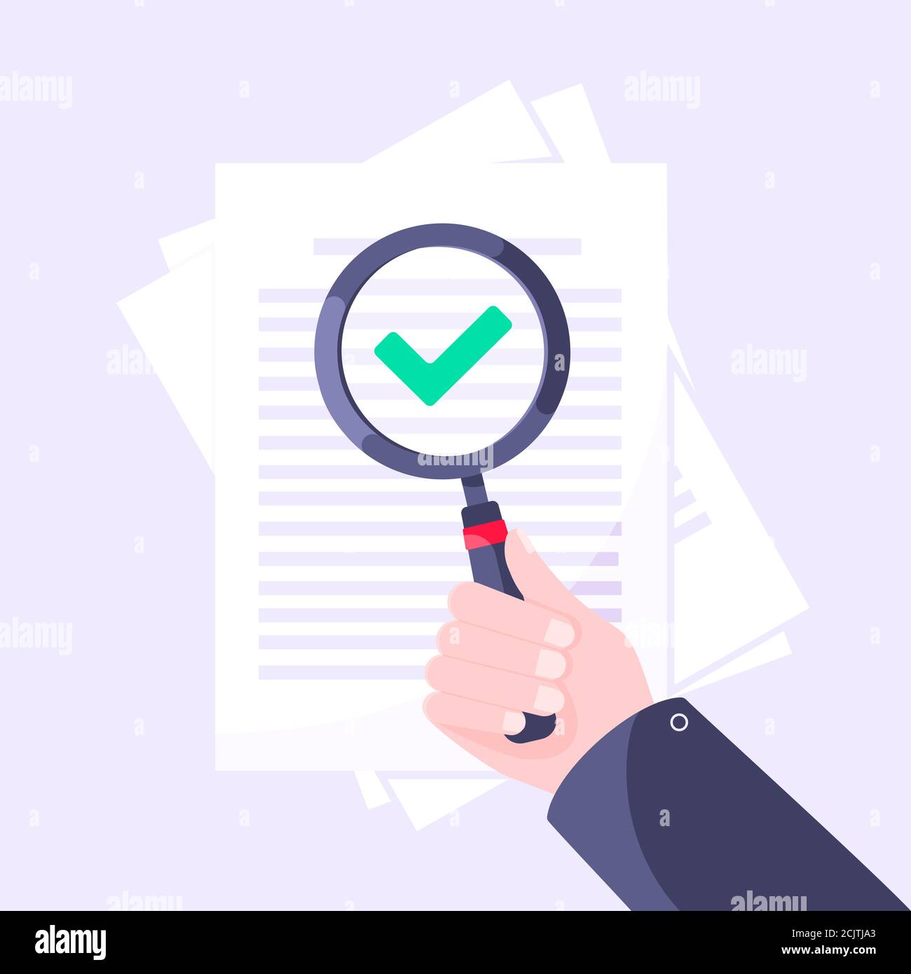 Document verification concept with hand and magnifier, paper sheets and ...