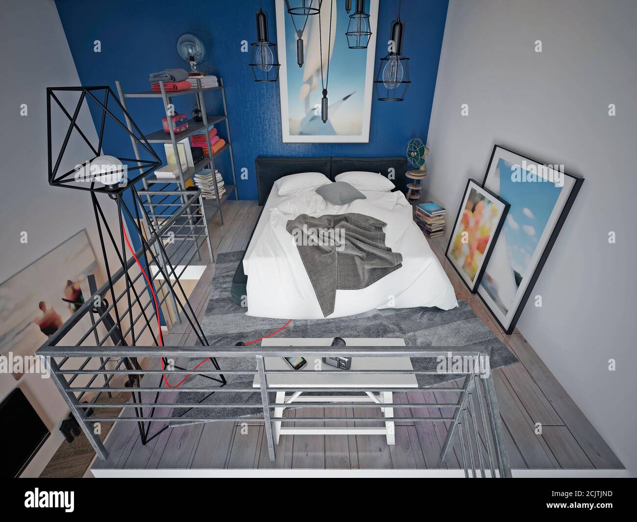 Loft is a teenage bedroom on the second level with a slovenly made bed ...
