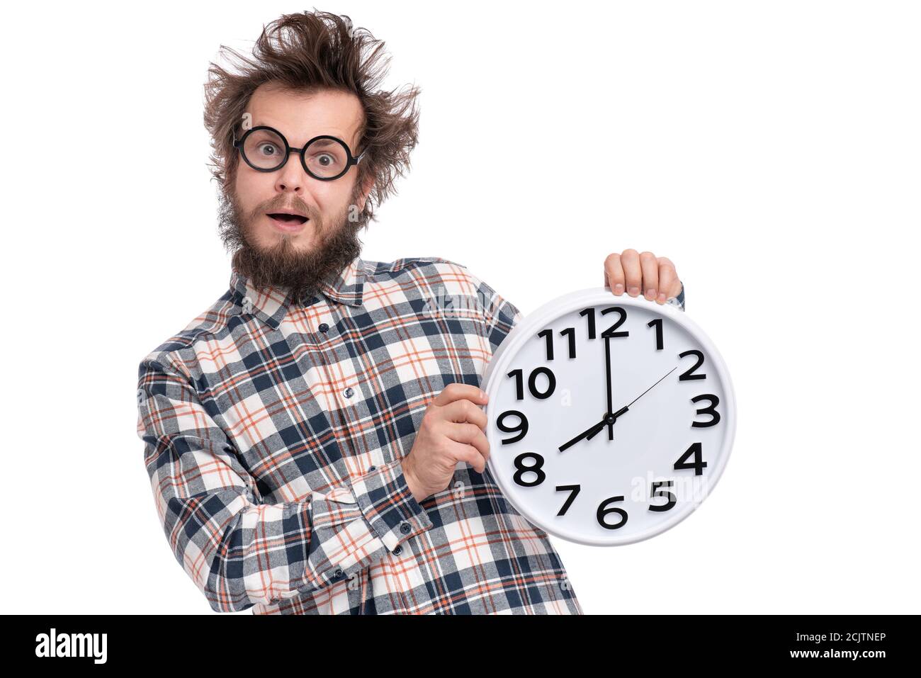 Crazy bearded man with big clock Stock Photo - Alamy