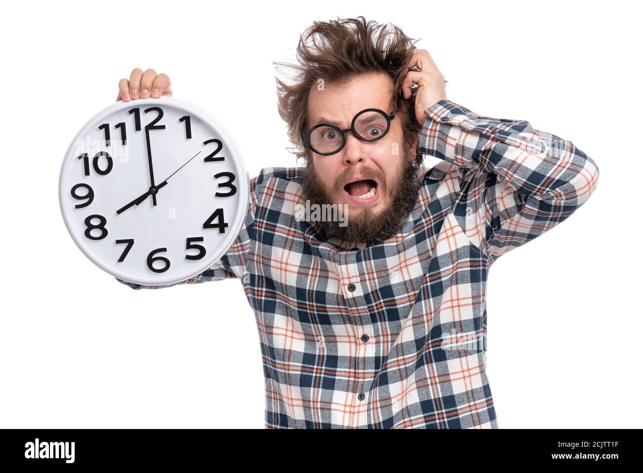 Crazy bearded man with big clock Stock Photo - Alamy