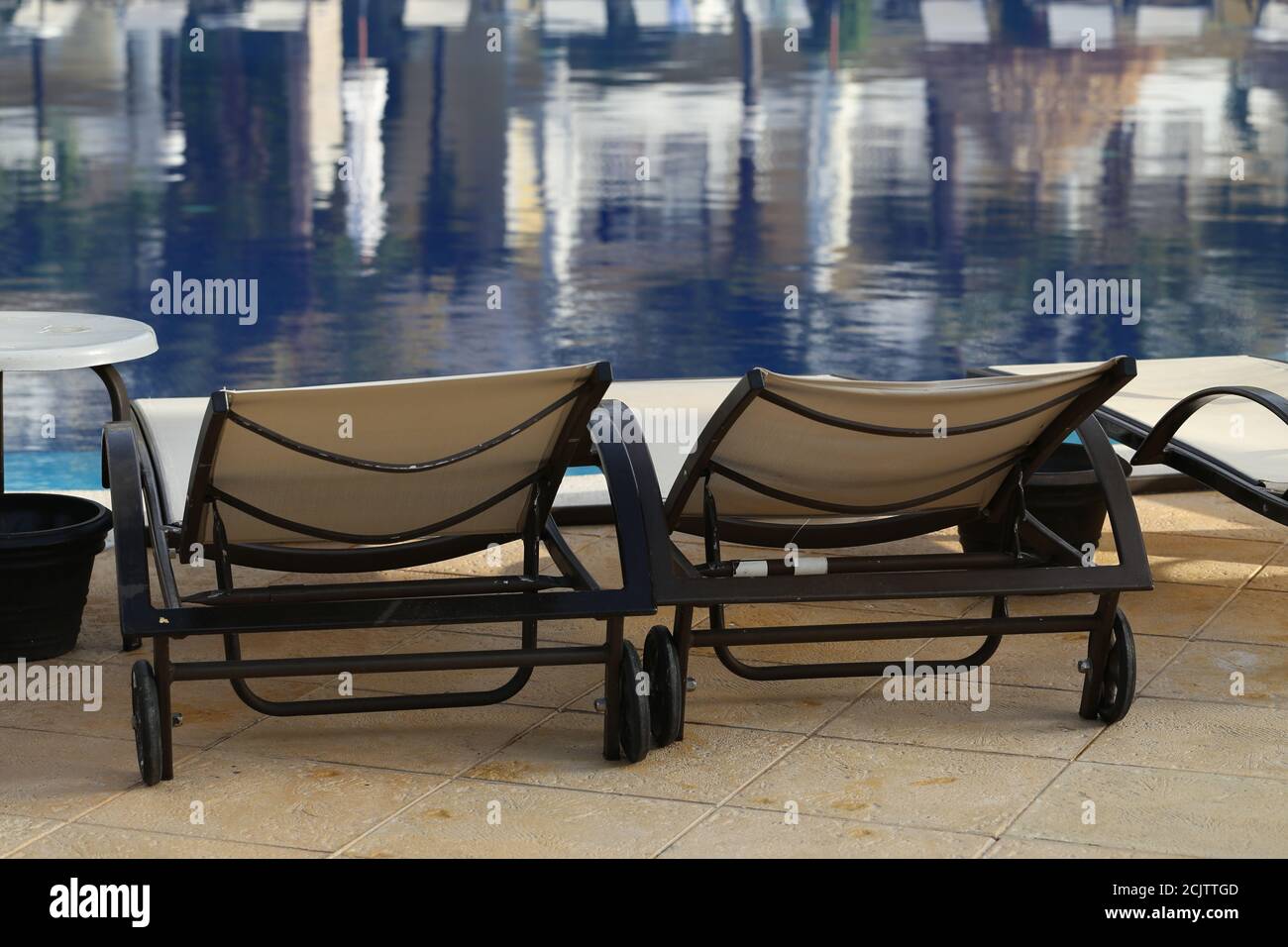Back view of deck chairs near the pool Stock Photo - Alamy