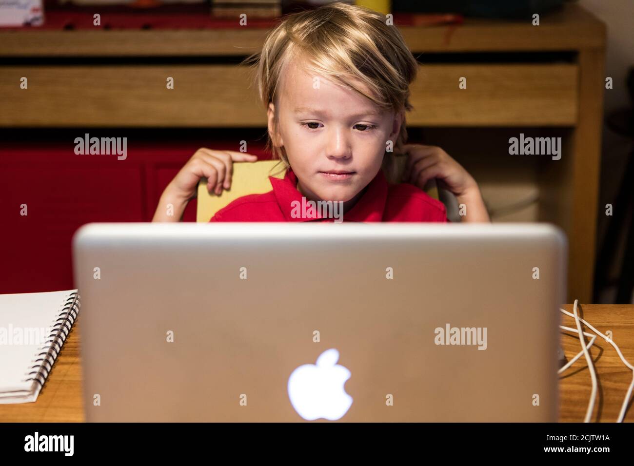 A young boy sits in front of a computer watching his kindergarten ...