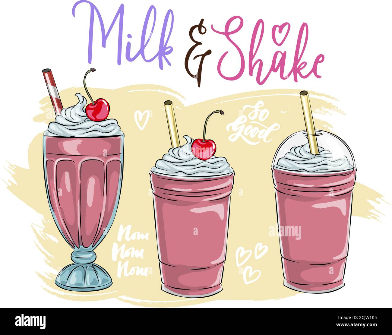 Set of different milkshakes. Chocolate, cherry, strawberry, vanilla and ...