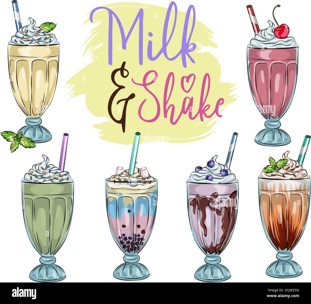 Set of different milkshakes. Chocolate, cherry, strawberry, vanilla and ...