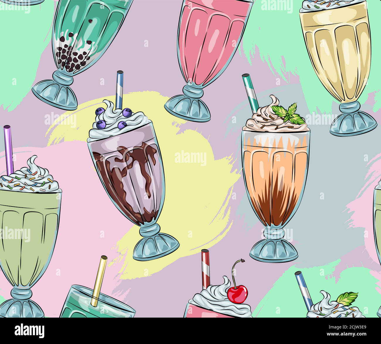 seamless pattern of sweet tasty milkshakes , whipped cream and topping ...