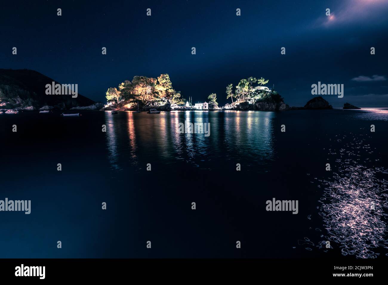 Panagias Island At Night In Parga Greece. The small church on Panagias ...