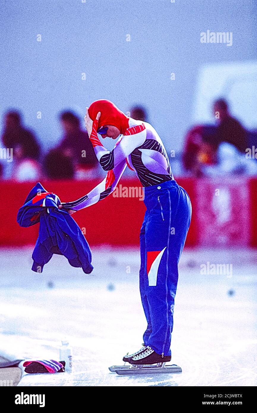 Bonnie Blair (USA) wins the gold medal in the women's 500m long track ...