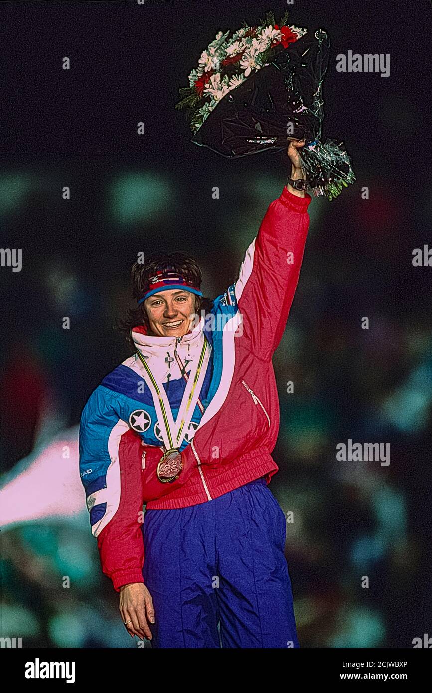 Bonnie Blair (USA) wins the gold medal in the women's 500m long track ...