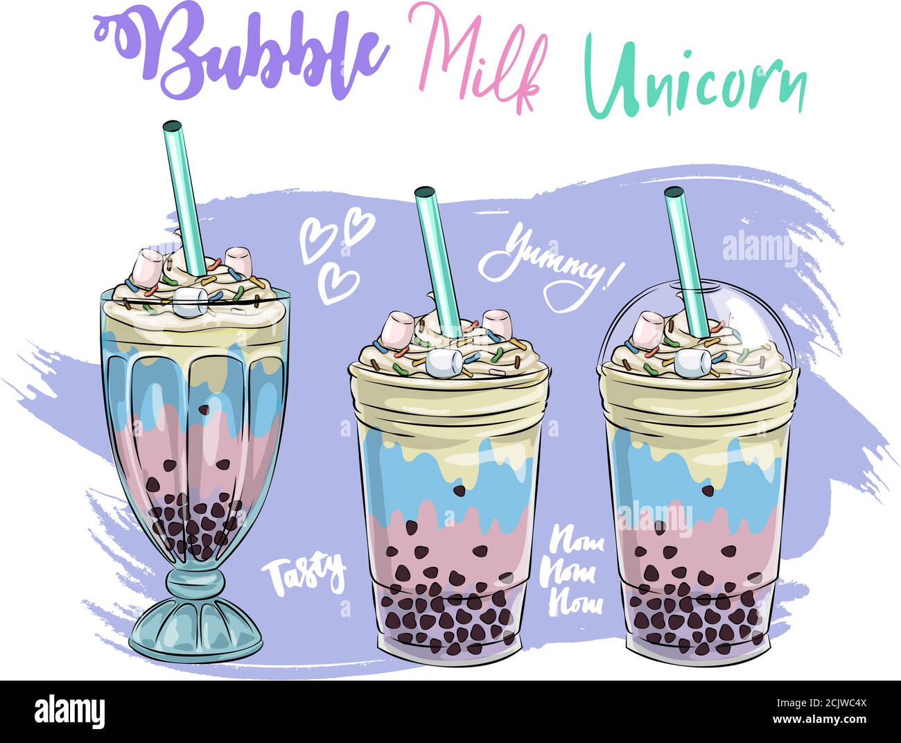 Set of different milkshakes. Chocolate, cherry, strawberry, vanilla and ...