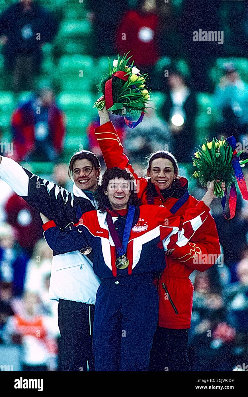 Bonnie Blair (USA) wins the gold medal in the women's 500m long track ...